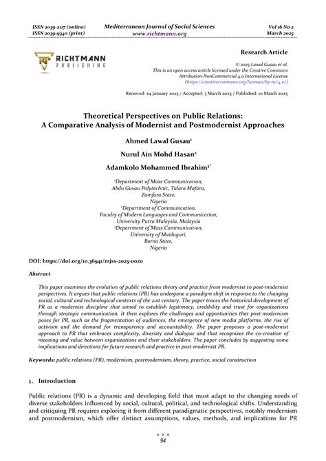 (PDF) Theoretical Perspectives on Public Relations: A Comparative Analysis of Modernist and ...