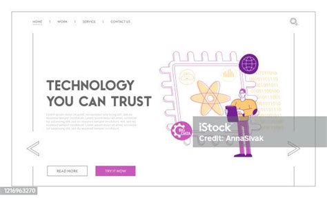 양자 컴퓨팅 또는 슈퍼 컴퓨팅 방문 페이지 템플릿 컴퓨터 엔지니어 남성 캐릭터 는 원자와 기술 기호와 거대한 마이크로 칩에서 노트북 스탠드에 서명 선형 벡터 일러스트레이션