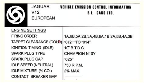 Emission Control Label Jaguar Xjs V12 1975 77 Classic Reproductions
