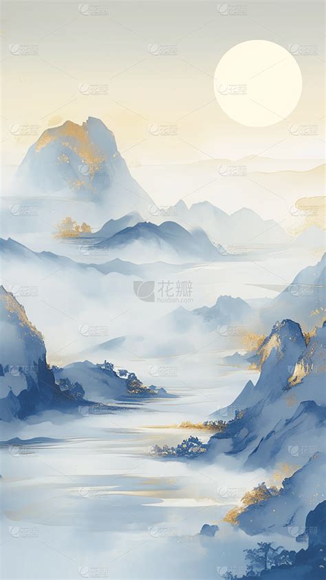 中国风系列青蓝色鎏金水墨山水背景通用背景素材