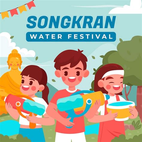 송크란 물 축제 축하를 위한 평면 그림 무료 벡터