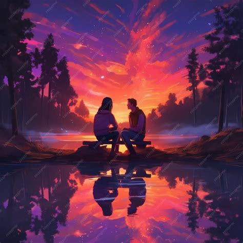Premium Photo Anime Couple Sitting On A Bench Looking At The Sunset