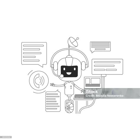챗봇 통신 앱 씬 라인 컨셉 벡터 일러스트레이션 온라인 채팅 응용 프로그램 웹 디자인을 위한 인터넷 지원 서비스 로봇 2d 만화