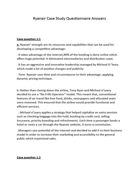 Ryanair Case Study Questionnaire Answers Pdf Low Cost Carrier