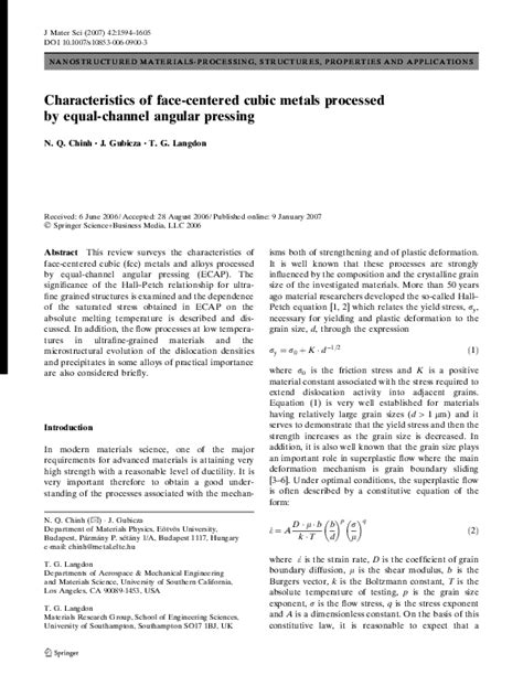 Pdf Characteristics Of Face Centered Cubic Metals Processed By Equal