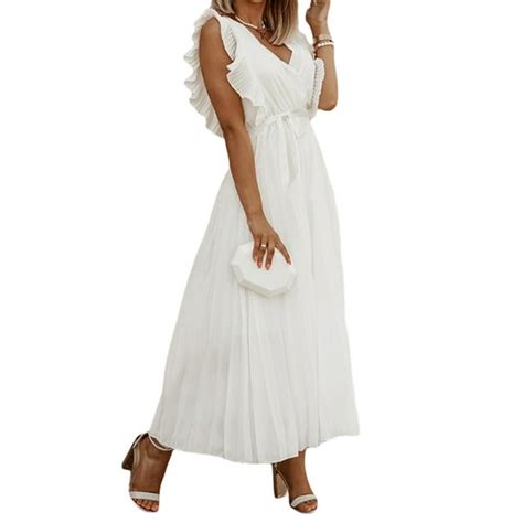 Tffr Chiffon Long Pleated Dress Elegant Fashion Women Ruffles Sleeve V