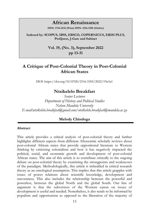 Pdf A Critique Of Post Colonial Theory In Post Colonial African