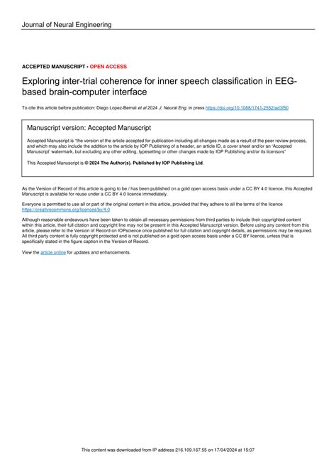 Pdf Exploring Inter Trial Coherence For Inner Speech Classification In Eeg Based Brain