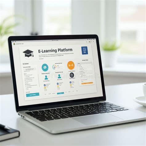 A Laptop On A Desk Displays An E Learning Platform Interface The Screen Shows Stock
