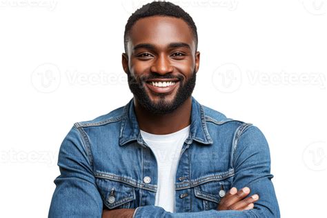 Smiling African American Man With Crossed Arms In Denim Jacket Cut Out