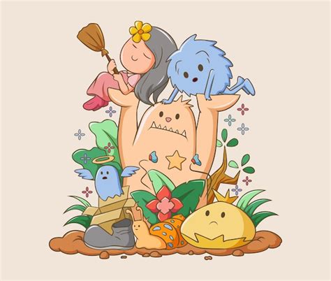 만화 귀여운 괴물과 아이들 프리미엄 벡터