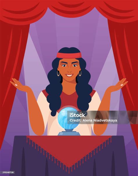 집시 여성 점쟁이 캐릭터는 마법의 구체로 테이블에서 운명을 예측합니다 수정 구슬 위에 여자의 마법 벡터 일러스트 레이 션