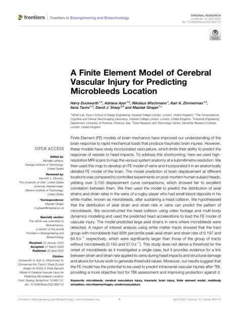 PDF A Finite Element Model Of Cerebral Vascular Injury For Predicting Microbleeds Location