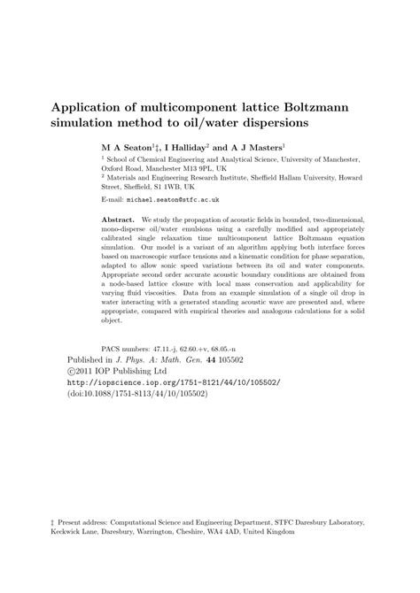 Pdf Application Of The Multicomponent Lattice Boltzmann Simulation Method To Oil Water Dispersions