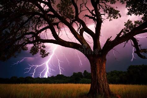 Tree Struck By Lightning In Violent Thunder Storm Stock Illustration