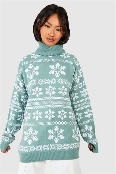 Roll Neck Snowflake Fairisle Christmas Jumper Boohoo Uk
