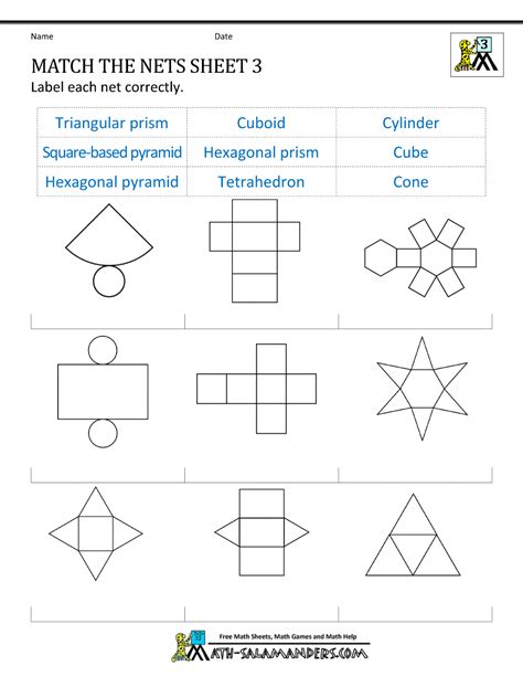 Nets Worksheets Printable Match The Nets 3 3d Shapes Worksheets 3rd