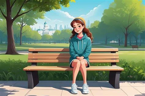 Vector Illustration Of A Girl Sitting On A Bench In The Park Premium