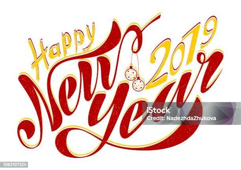 아름 다운 손으로 쓴된 텍스트 행복 새 해 2019입니다 벡터 일러스트 레이 션에 고립 된 엽서 라벨 포장 로고 장식 완구와 배경 질감 2019년에 대한 스톡 벡터 아트 및