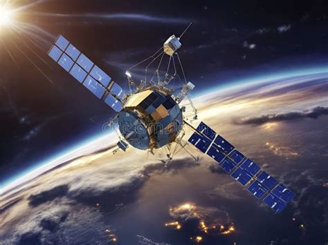 A Satellite Orbiting The Earth Transmitting Data At Lightning Speed Stock Illustration