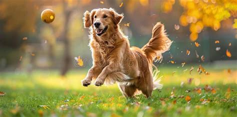 Golden Retriever Dog Playing Fetch Autumn Park Pet Fun Fall Tail Happy Leaves Stock Photos ...