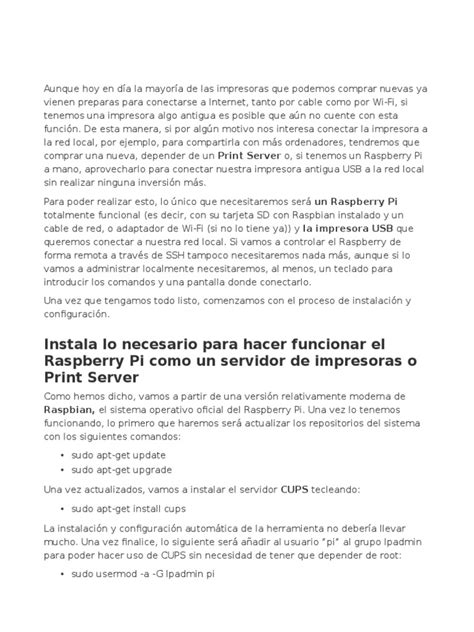 Instalar Impresora En Raspbian Pdf Raspberry Pi Impresora