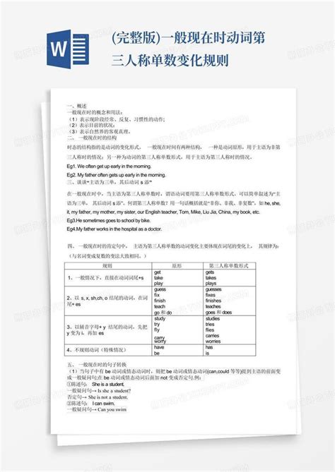 完整版一般现在时动词第三人称单数变化规则word模板下载编号qrzbpzmm熊猫办公