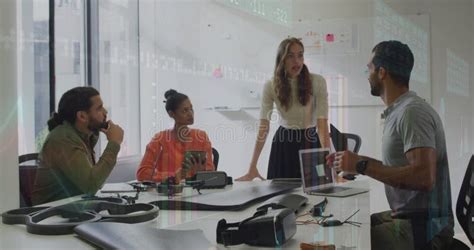 Diverse Team Discussing Technology With Digital Data Processing Animation Overlay Stock Video