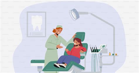 치과 의사 사무실에서 아이 치아 및 구강 검진을 위한 장비를 들고 의자에 앉아 있는 아이들을 위한 치과 진료소의 어린 소녀 환자 구강학 여의사 메딕 만화 벡터