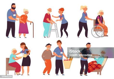사회 복지사 캐릭터 노인 간호 노인 도움 자원 봉사자 서비스 건강 식품 돌보는 자선 단체 괜찮은 지원 벡터 세트 노인에 대한