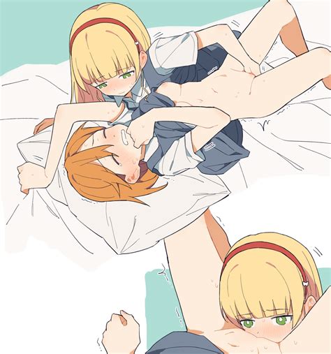 Rule 34 2girls Bed Bed Sheet Blonde Hair Blush Bottomless Breasts Closed Eyes Clothes Lift