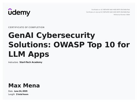 my course completion certificate for genai cybersecurity solutions owasp top 10 for llm apps