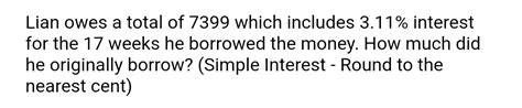 Solved Lian Owes A Total Of 7399 Which Includes 3 11 Chegg