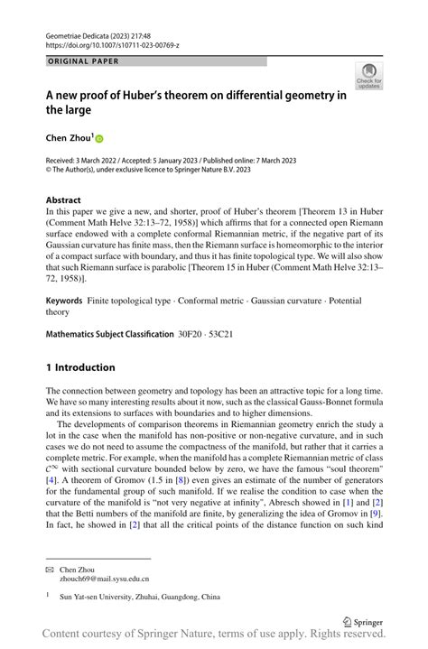 A New Proof Of Hubers Theorem On Differential Geometry In The Large Request Pdf