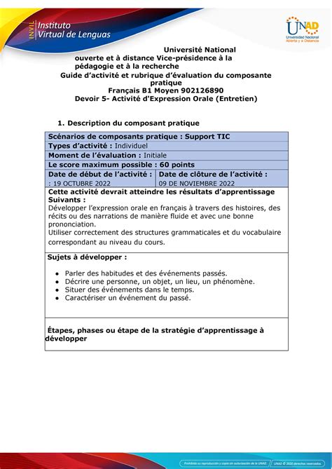 Guide dactivités et rubrique dévaluation Unité Devoir Activité dexpression orale
