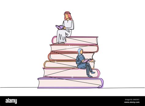 Single Continuous Line Drawing Arab Man Woman Sitting On Pile Of Books