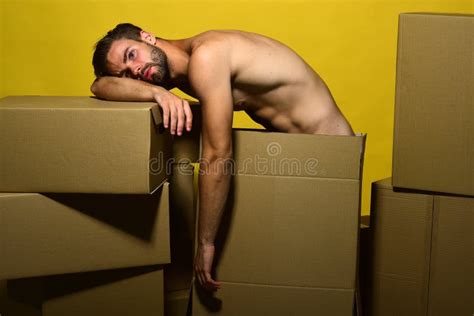 Macho With Tired Leans On Boxes Copy Space Stock Image Image Of