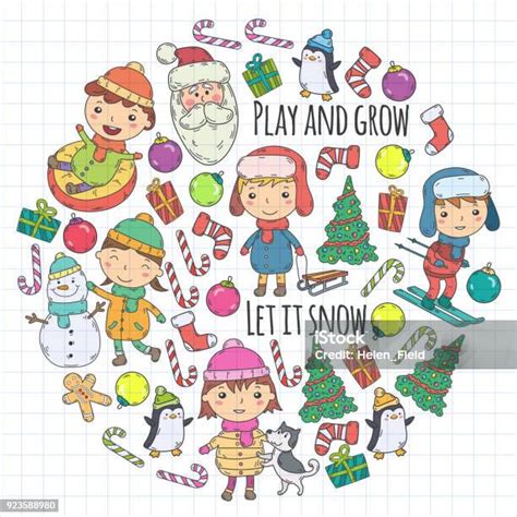 어린이 동계 올림픽스키 썰매 아이스 스케이팅 크리스마스 축 하 유치원 아이 놀이 재미 산타 클로스 눈사람 사슴 펭귄입니다 벡터 드로잉 아이 그림 낙서 겨울에 대한 스톡 벡터