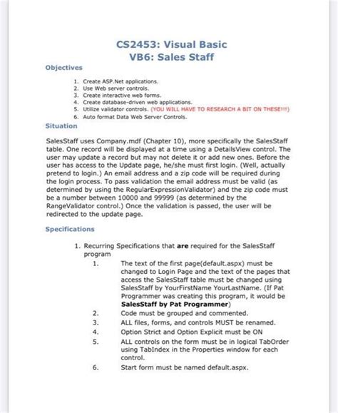 CS2453 Visual Basic VB6 Sales Staff Objectives 1 Chegg