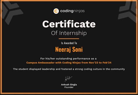 codingninjas techeducation internshipcomplete neeraj soni