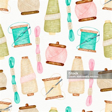 실 가위 재봉틀 버튼의 스풀과 수채화 원활한 재봉 패턴 드레스 메이킹 개체 세트 직업 천체와 패션 일러스트 직물 포장지 배경에 적합합니다 가위에 대한 스톡 벡터 아트 및