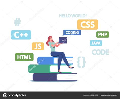 Programmer Tiny Female Character Sit On Huge Textbooks Pile Work On