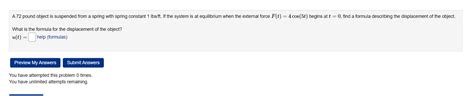 Solved A 72 Pound Object Is Suspended From A Spring With