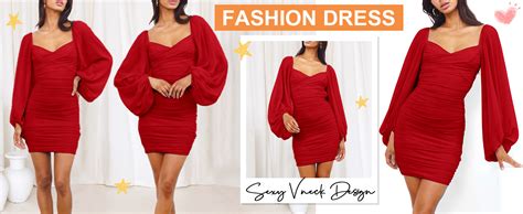 Anrabess Womens Sexy V Neck Ruched Bodycon Mini Dress Puff