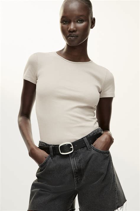 Ribbed T Shirt Light Beige Ladies Handm Gb