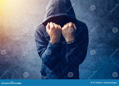 Arrested Computer Hacker With Handcuffs Wearing Hooded Jacket Stock Photo Image Of Modern