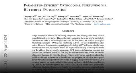 Paper Page Parameter Efficient Orthogonal Finetuning Via Butterfly Factorization