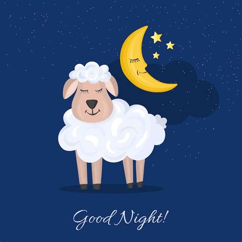 Ovejas Y Luna En Estilo De Dibujos Animados Con Letras Buenas Noches