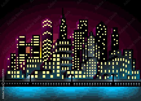 Pixel Art City Landscape Vector Illustration Cityscape At Night