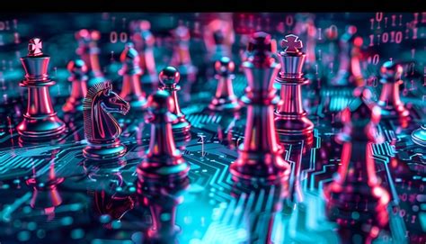 Chess Pieces On Board In Neon Lights Circuit Board Pattern And Binary